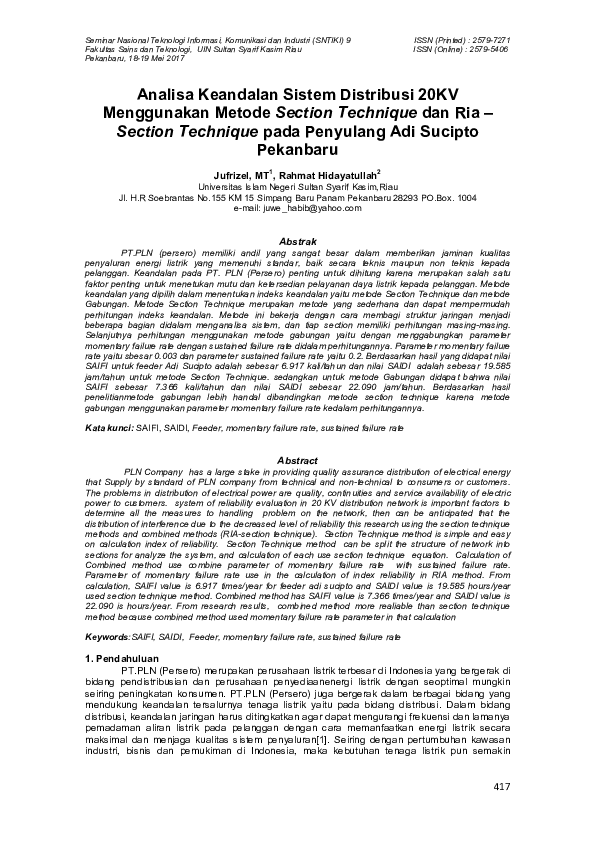 (PDF) Analisa Keandalan Sistem Distribusi 20KV Menggunakan Metode Section Technique Dan Ria ...