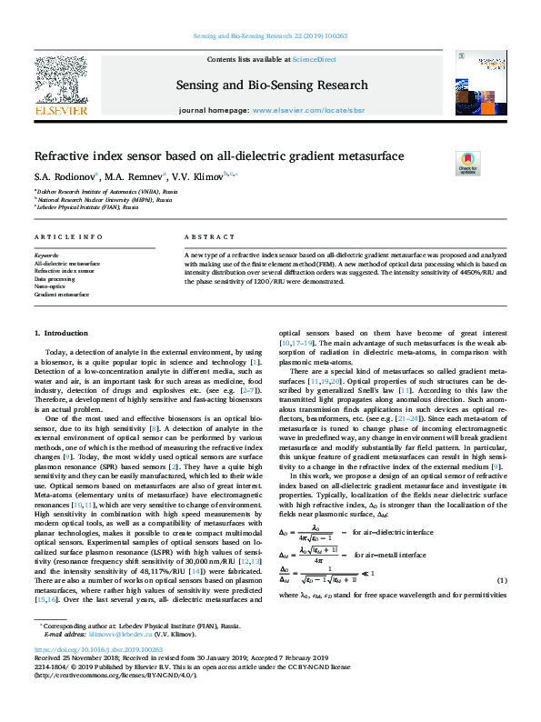 (PDF) Refractive index sensor based on all-dielectric gradient metasurface