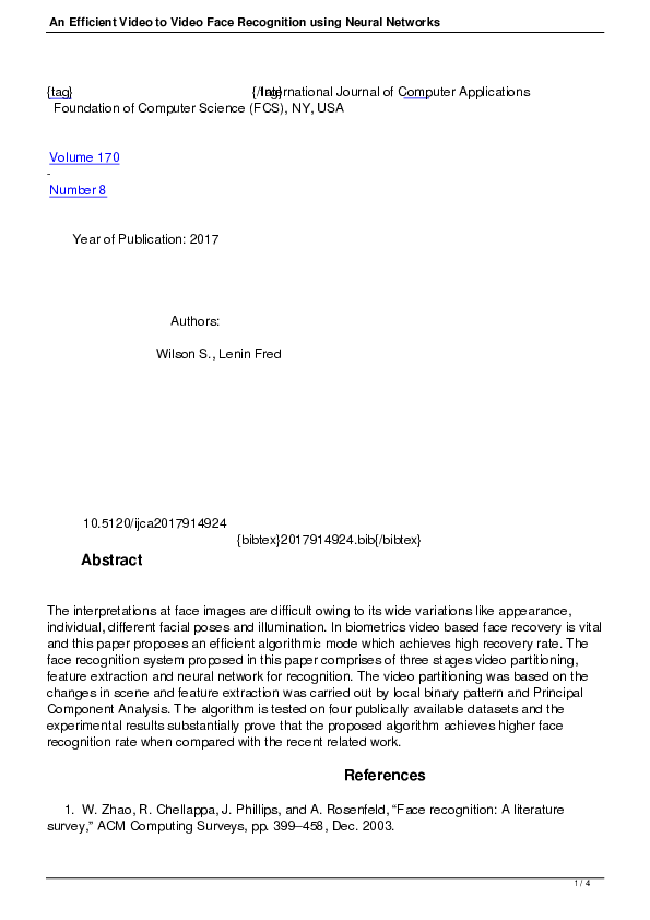 (PDF) An Efficient Video to Video Face Recognition using Neural Networks