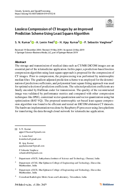 Pdf Lossless Compression Of Ct Images By An Improved Prediction Scheme Using Least Square