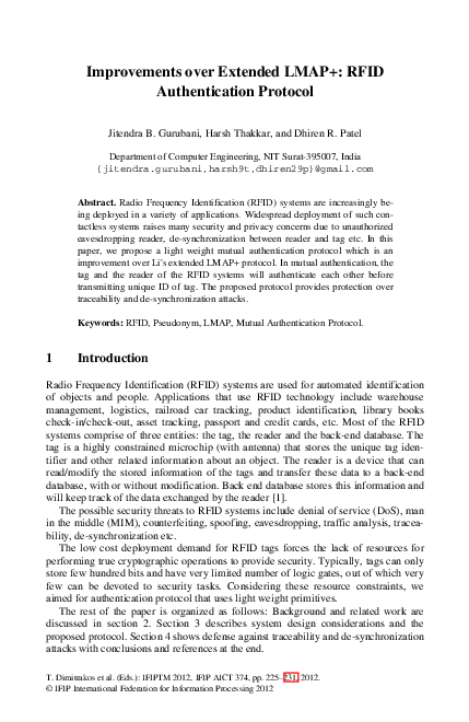 Pdf Improvements Over Extended Lmap Rfid Authentication Protocol
