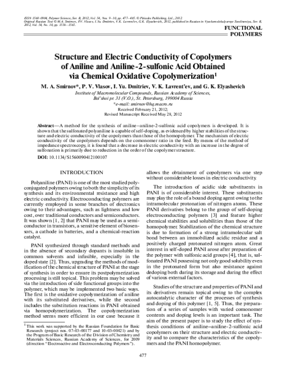 (PDF) Structure and electric conductivity of copolymers of aniline and ...