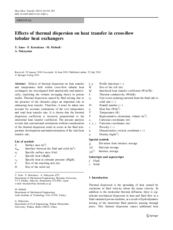 (PDF) Effects of thermal dispersion on heat transfer in cross-flow ...
