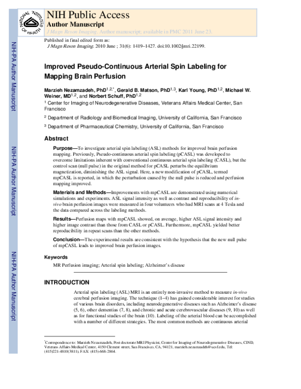 (PDF) Improved pseudo-continuous arterial spin labeling for mapping brain perfusion