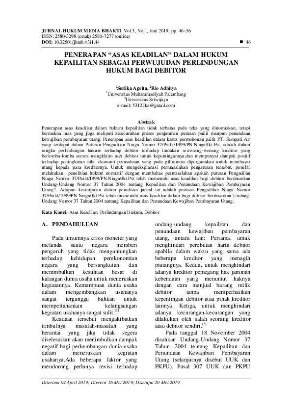 (PDF) Penerapan “Asas Keadilan” Dalam Hukum Kepailitan Sebagai ...