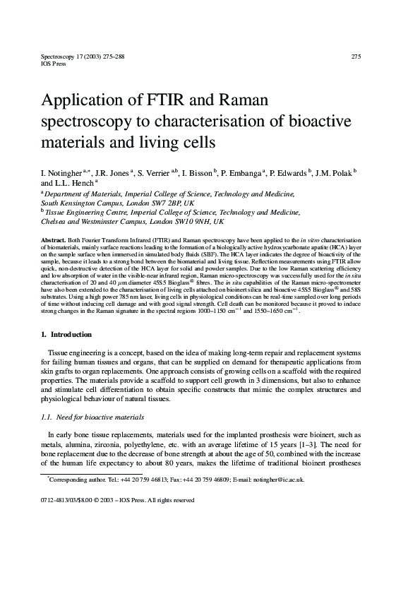 (PDF) Application of FTIR and Raman Spectroscopy to Characterisation of Bioactive Materials and ...