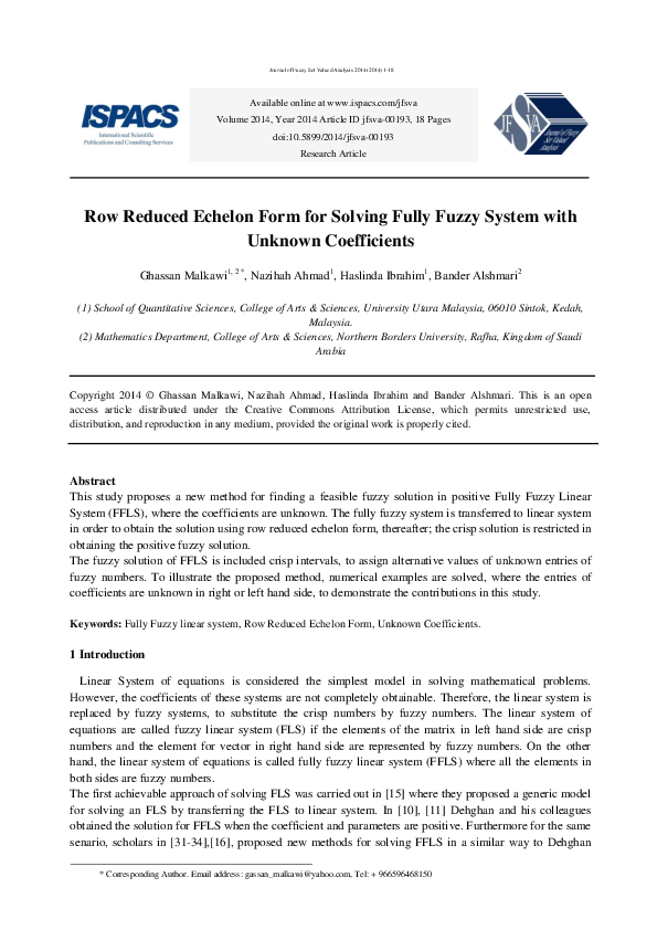 Pdf Row Reduced Echelon Form For Solving Fully Fuzzy System With Unknown Coefficients