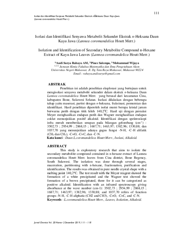 (PDF) Isolasi dan Identifikasi Senyawa Metabolit Sekunder Ekstrak n-Heksana Daun Kayu Jawa ...