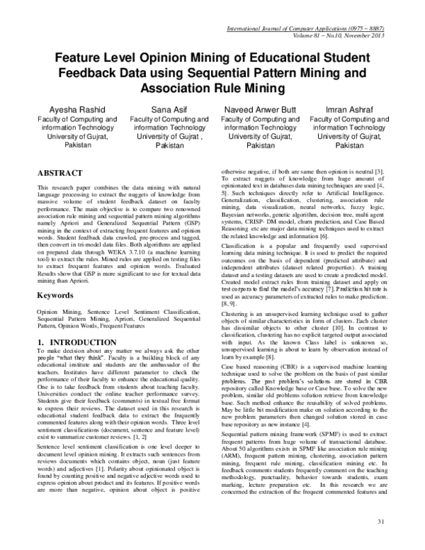 (PDF) Feature Level Opinion Mining of Educational Student Feedback Data using Sequential Pattern ...
