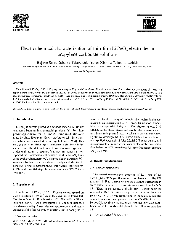(PDF) Electrochemical characterization of thin-film LiCoO2 electrodes in propylene carbonate ...