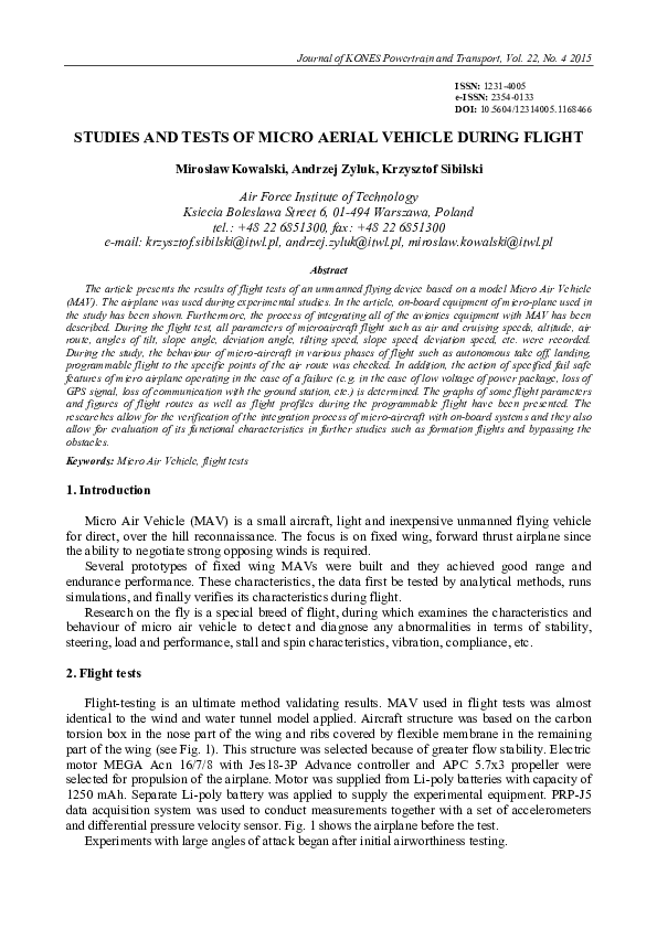 (PDF) Studies and Tests of Micro Aerial Vehicle During Flight