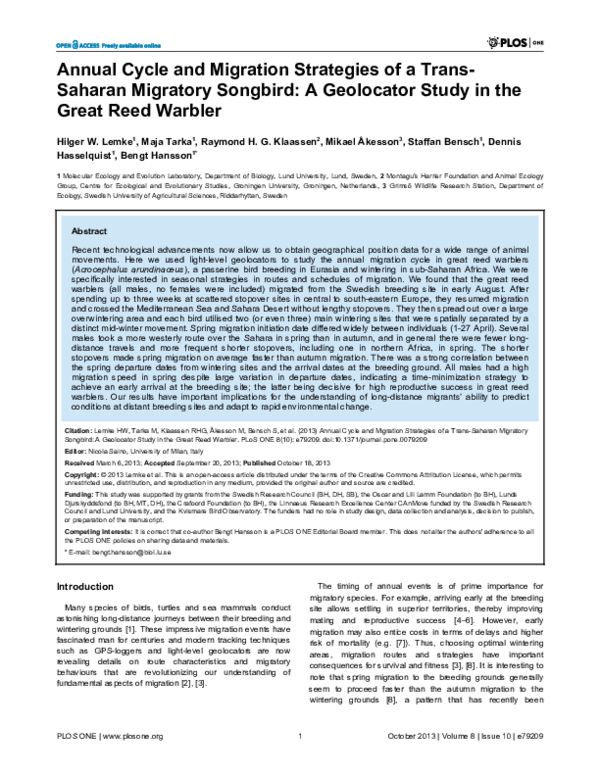 (PDF) Annual Cycle and Migration Strategies of a Trans-Saharan Migratory Songbird: A Geolocator ...