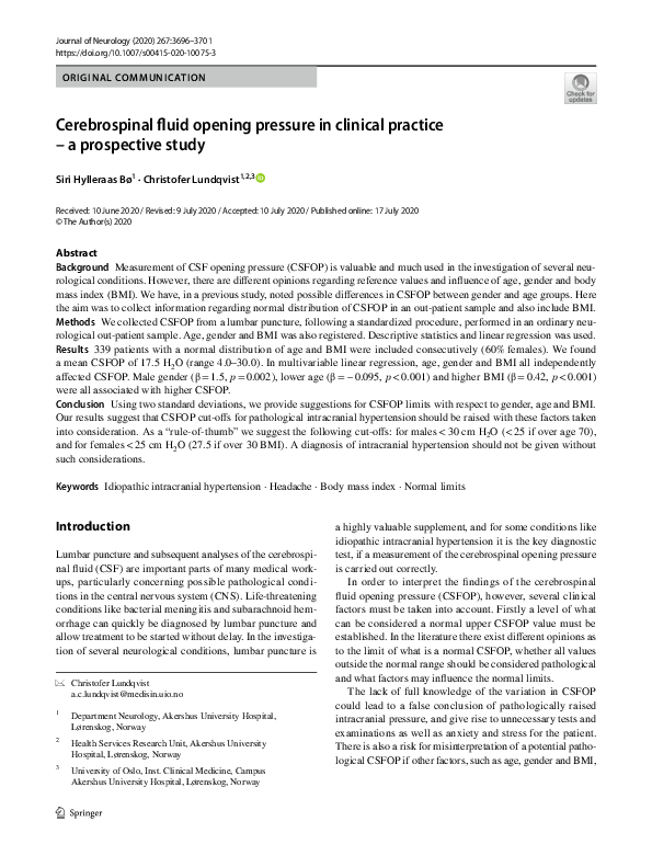 (PDF) Cerebrospinal fluid opening pressure in clinical practice – a ...