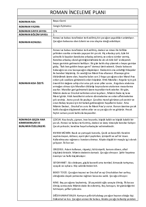 (DOC) ROMAN İNCELEME PLANI