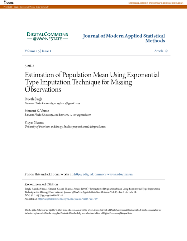 Pdf Estimation Of Population Mean Using Exponential Type Imputation Technique For Missing