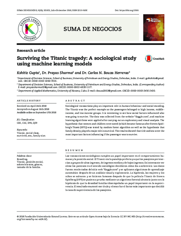 (PDF) Surviving the Titanic tragedy: A sociological study using machine learning models