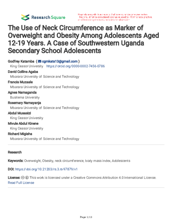 (PDF) The Use of Neck Circumference as Marker of Overweight and Obesity ...