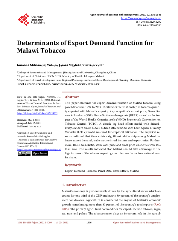 (PDF) Determinants of Export Demand Function for Malawi Tobacco