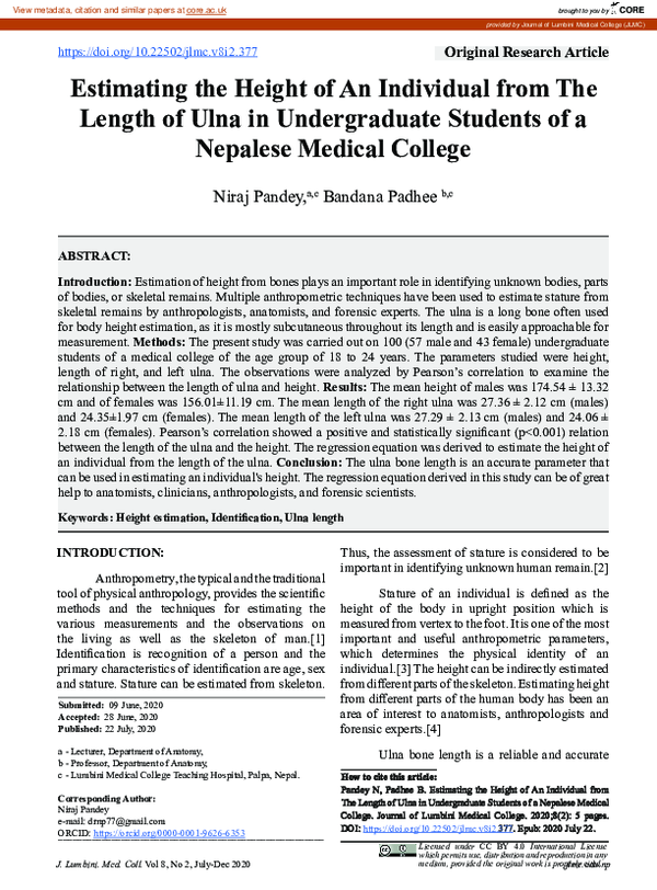 (PDF) Estimating the Height of An Individual from The Length of Ulna in ...