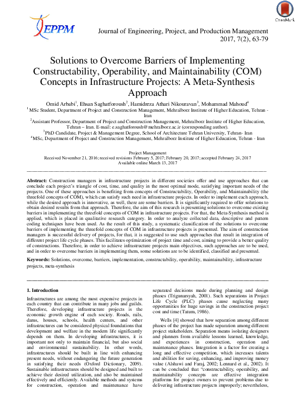 (PDF) Solutions to Overcome Barriers of Implementing Constructability, Operability, and ...