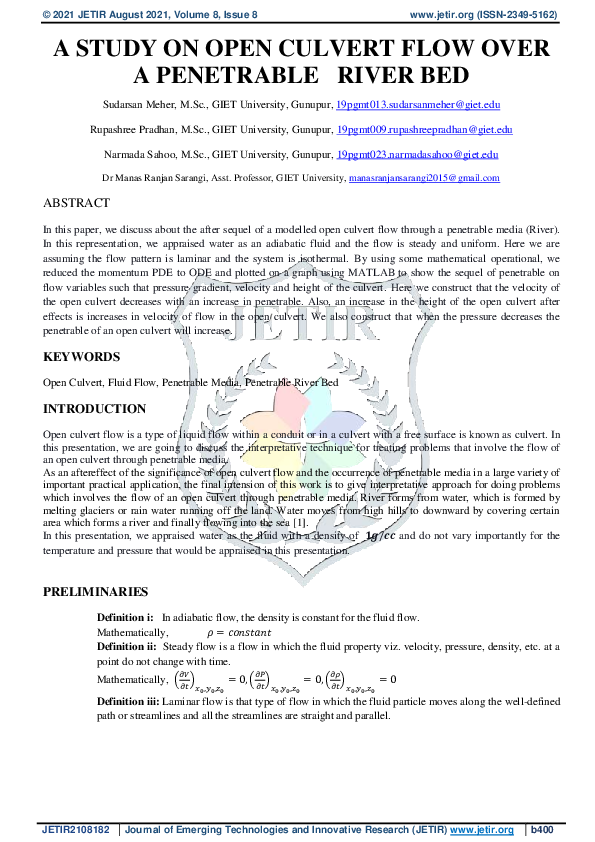 (PDF) A Study on Open Culvert Flow Over a Penetrable River Bed