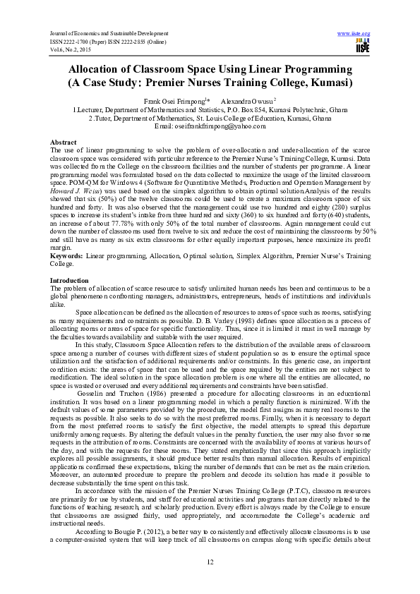 (PDF) Allocation of Classroom Space Using Linear Programming (A Case Study: Premier Nurses ...