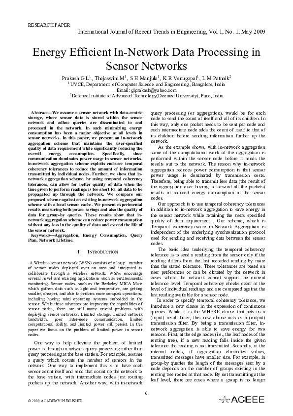 Pdf Energy Efficient In Network Data Processing In Sensor Networks