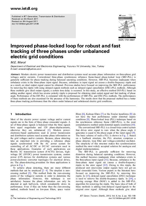 Pdf Improved Phase Locked Loop For Robust And Fast Tracking Of Three Phases Under Unbalanced 3445