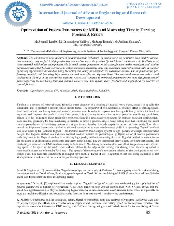 Optimization Of Process Parameters For Mrr And Machining Time In Turning Process A Review