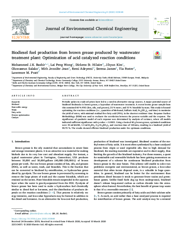 (PDF) Biodiesel fuel production from brown grease produced by ...