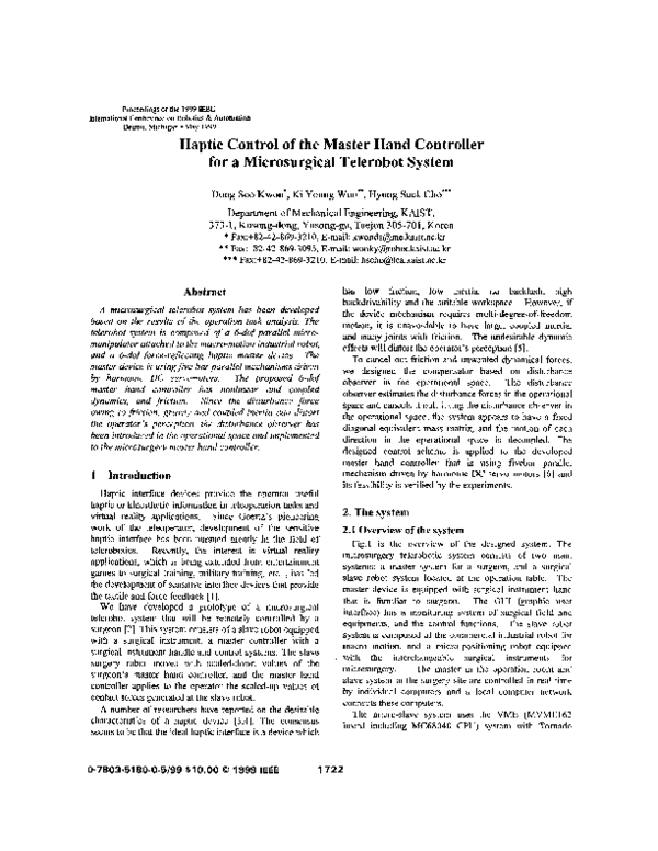 (PDF) Haptic control of the master hand controller for a microsurgical ...