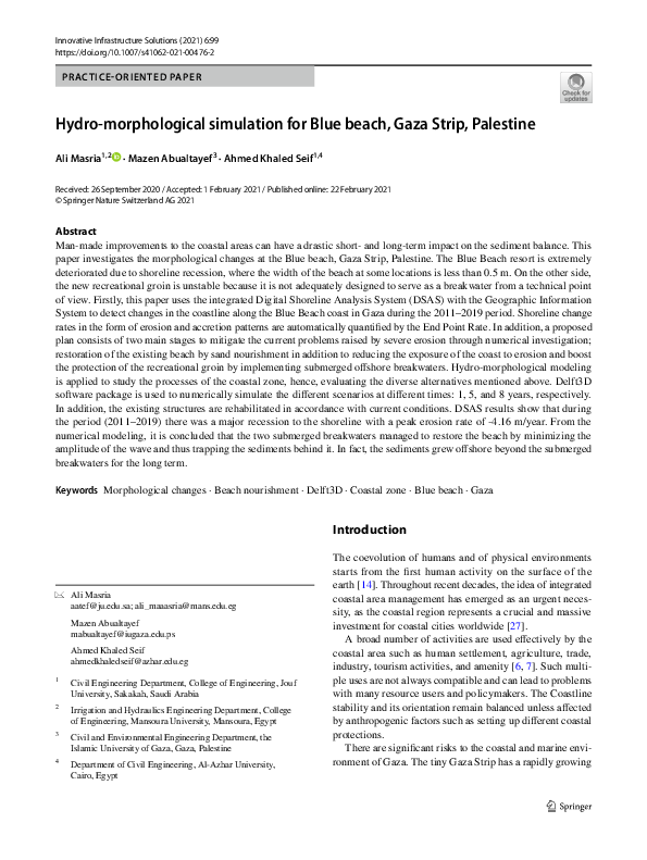 (PDF) Hydro-morphological simulation for Blue beach, Gaza Strip, Palestine