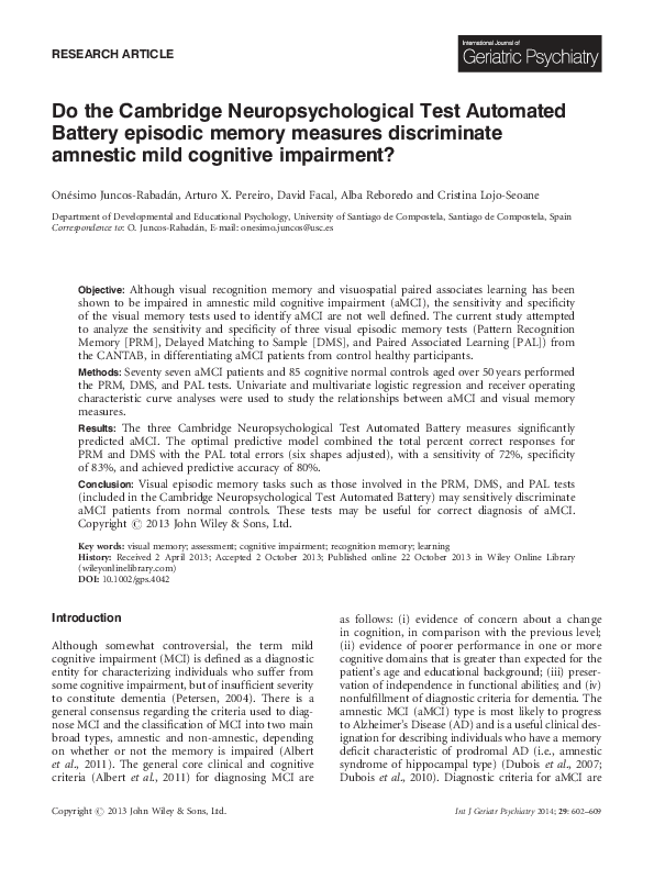 (PDF) Do the Cambridge Neuropsychological Test Automated Battery ...