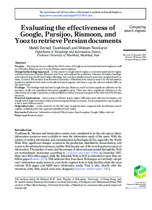 (PDF) Evaluating the effectiveness of Google, Parsijoo, Rismoon, and ...