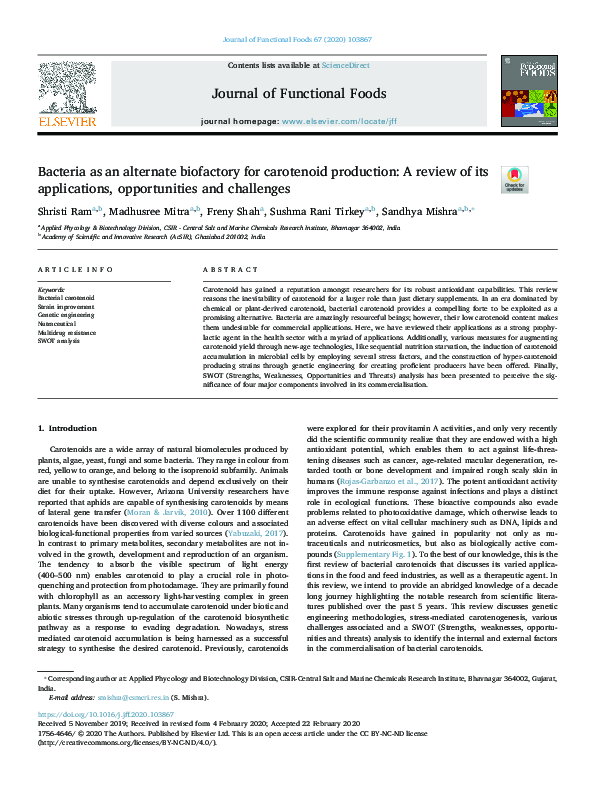(PDF) Bacteria as an alternate biofactory for carotenoid production: A review of its ...