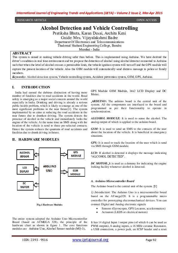 (PDF) Alcohol Detection and Vehicle Controlling