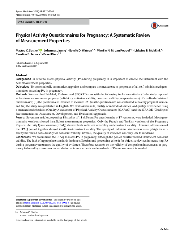 (PDF) Physical Activity Questionnaires for Pregnancy: A Systematic Review of Measurement Properties
