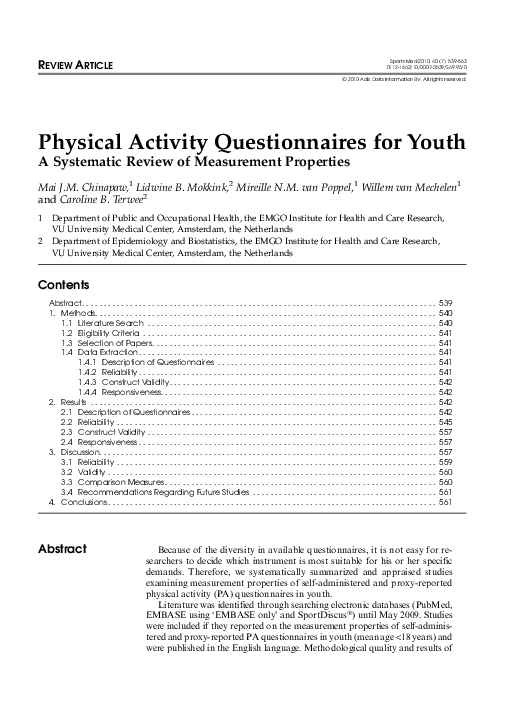 (PDF) Physical Activity Questionnaires for Youth