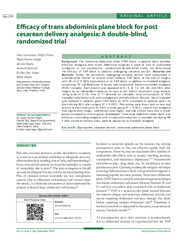 (PDF) Efficacy of trans abdominis plane block for post cesarean ...