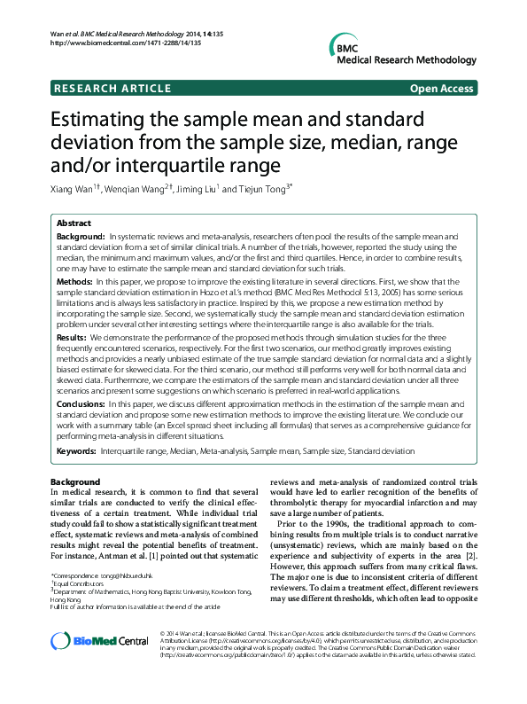 (PDF) Estimating the sample mean and standard deviation from the sample size, median, range and ...
