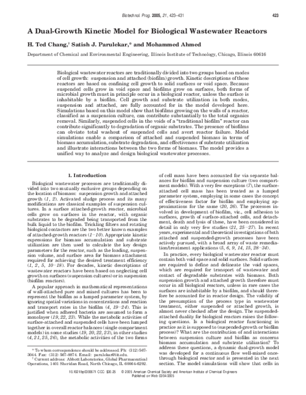 (PDF) A Dual-Growth Kinetic Model for Biological Wastewater Reactors