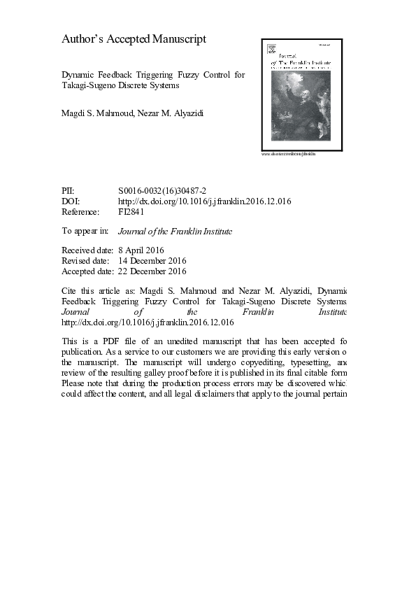 Pdf Dynamic Feedback Triggering Fuzzy Control For Takagisugeno Discrete Systems