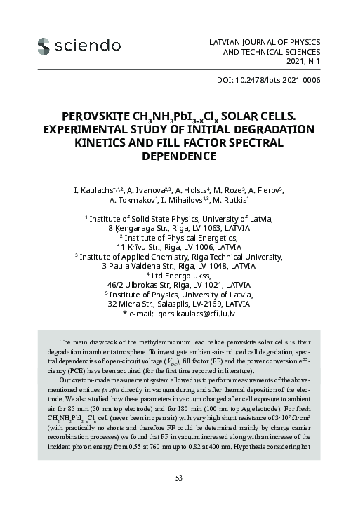 (PDF) Perovskite CH3NH3PbI3–XClx Solar Cells. Experimental Study of Initial Degradation Kinetics ...