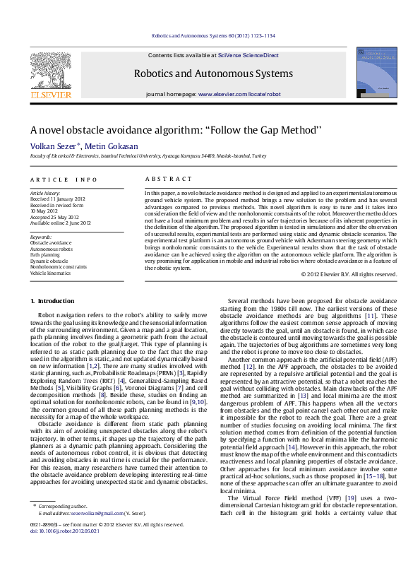 (PDF) A novel obstacle avoidance algorithm: “Follow the Gap Method”