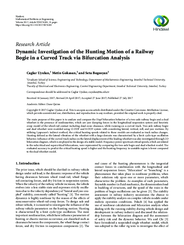 (PDF) Dynamic Investigation of the Hunting Motion of a Railway Bogie in ...