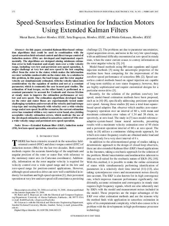 Pdf Speed Sensorless Estimation For Induction Motors Using Extended Kalman Filters