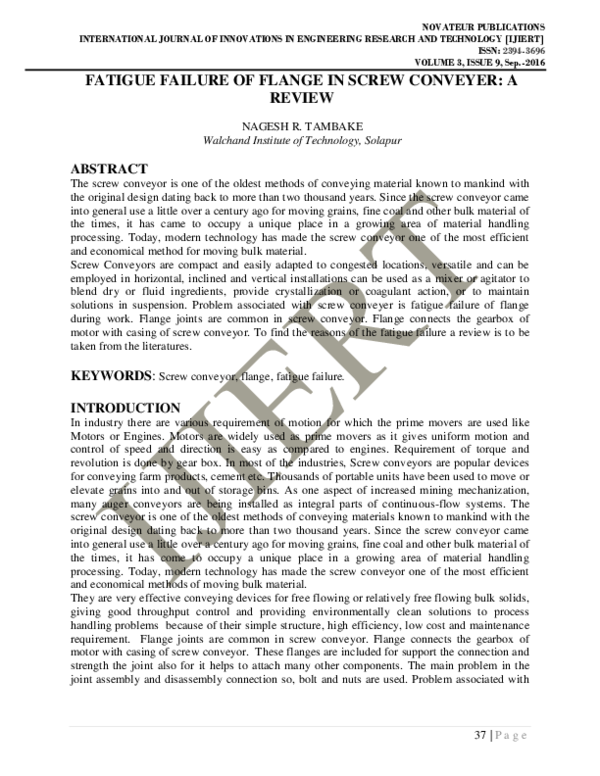 (PDF) Fatigue Failure Of Flange In Screw Conveyer: A Review