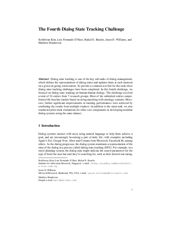 (PDF) The Fourth Dialog State Tracking Challenge | Luis D'Haro ...