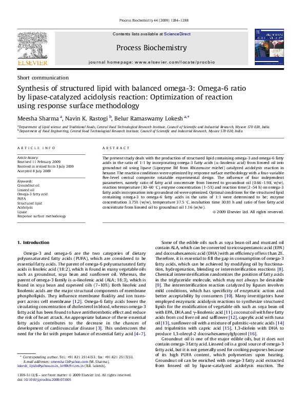 (PDF) Synthesis of structured lipid with balanced omega-3: Omega-6 ratio by lipase-catalyzed ...