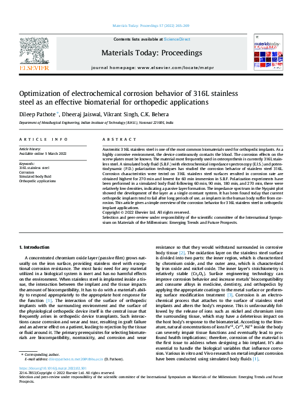 Pdf Optimization Of Electrochemical Corrosion Behavior Of 316l